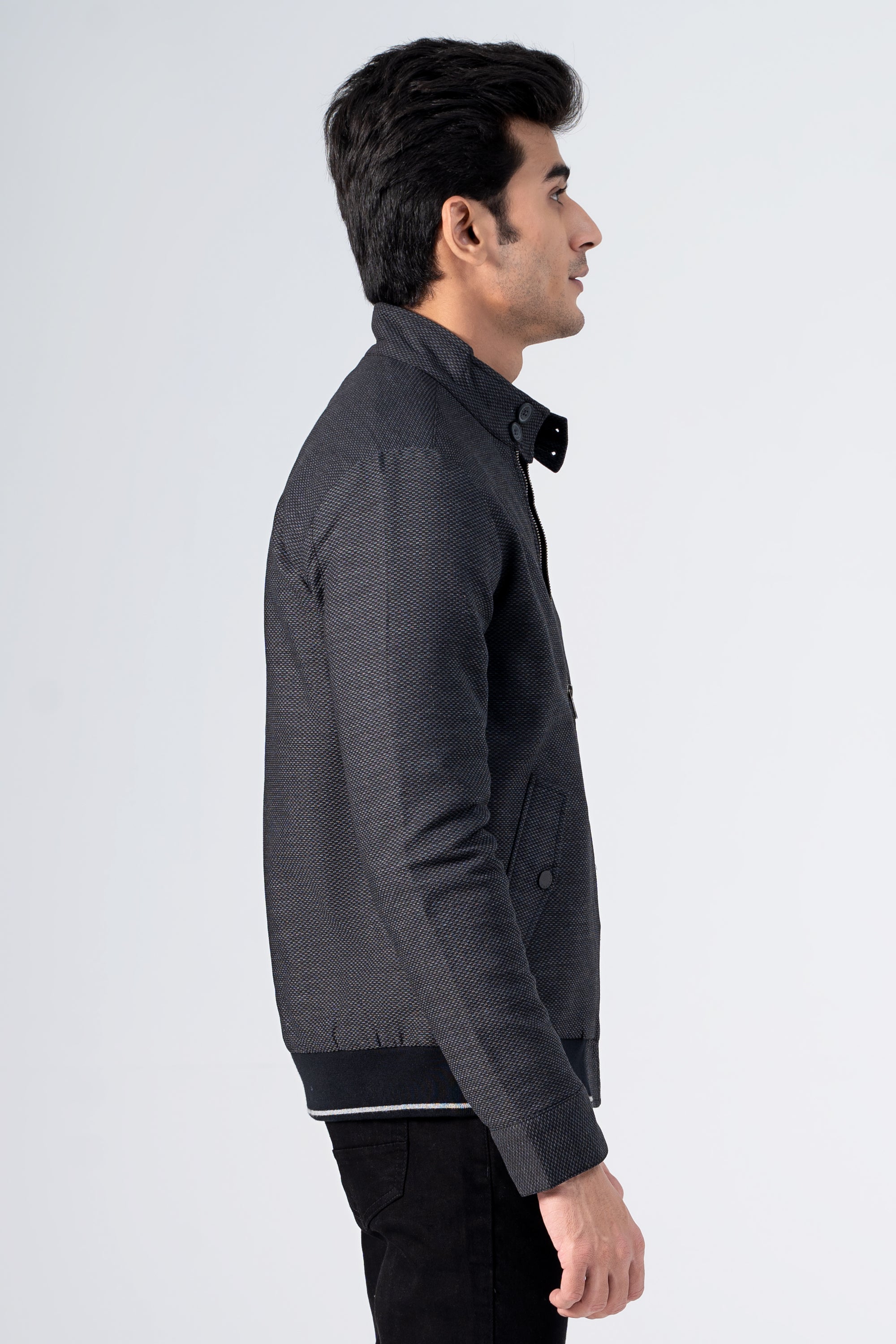 Shop Textured Ban Collar Tipping Jacket Black For Men Online