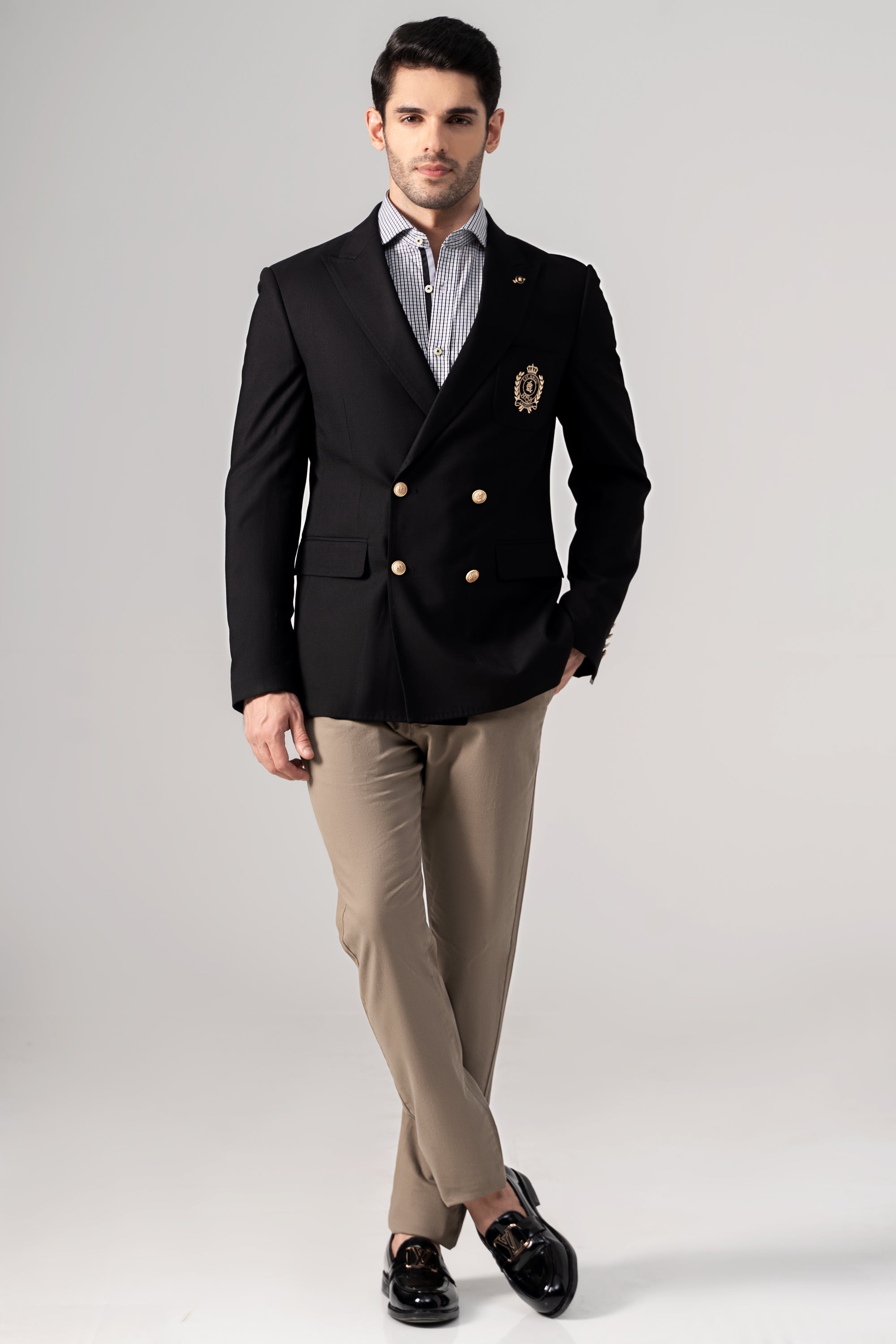Shop DOUBLE BREASTED SIGNATURE EMBROIDERY COAT BLACK For Men Online
