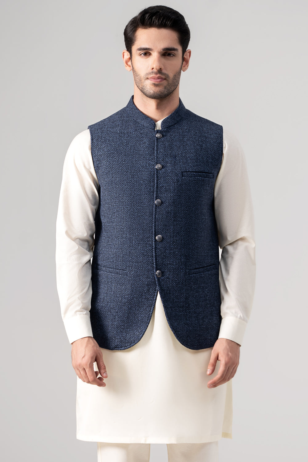 Textured Blended Woolen Waistcoat Blue Texture