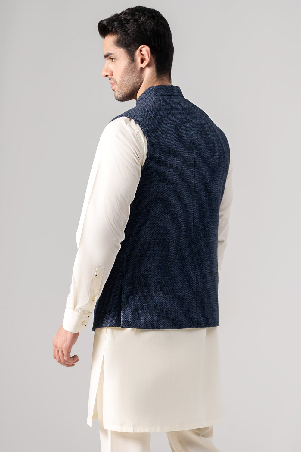 Textured Blended Woolen Waistcoat Blue Texture