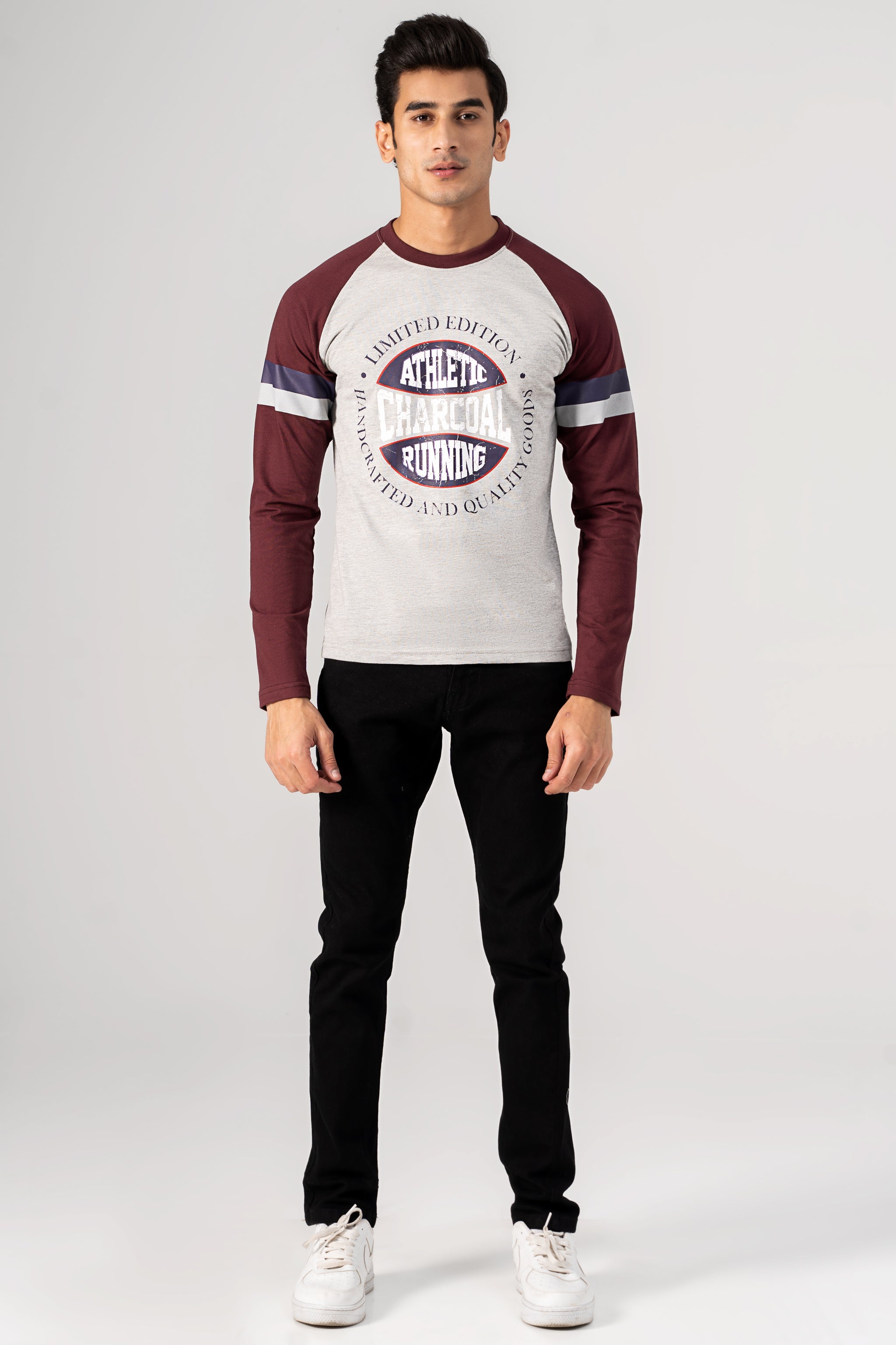 Shop Raglan Sleeve T-shirt Grey Maroon for Men Online