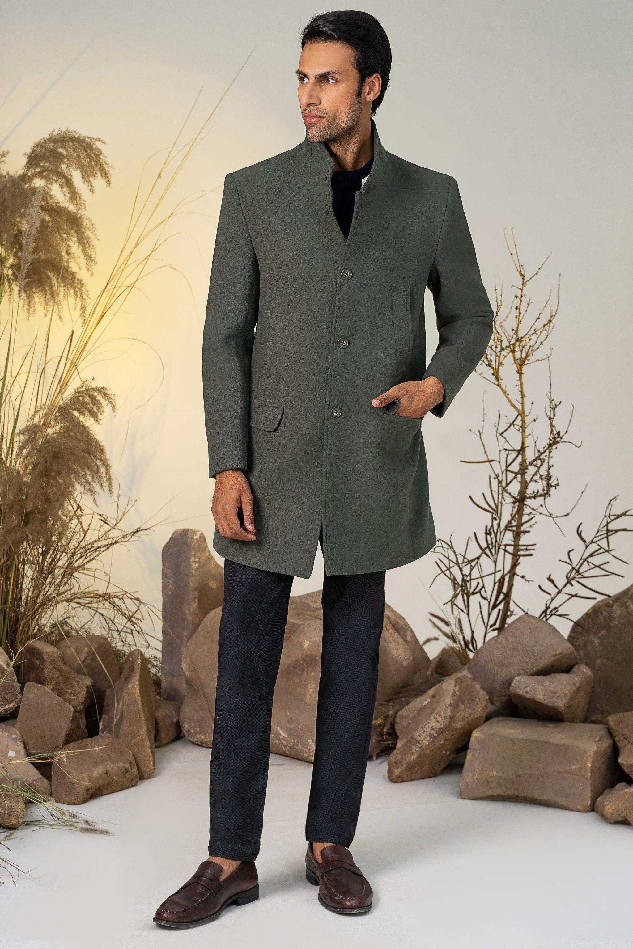 Shop BAN COLLAR LONG COAT GREEN For Men Online