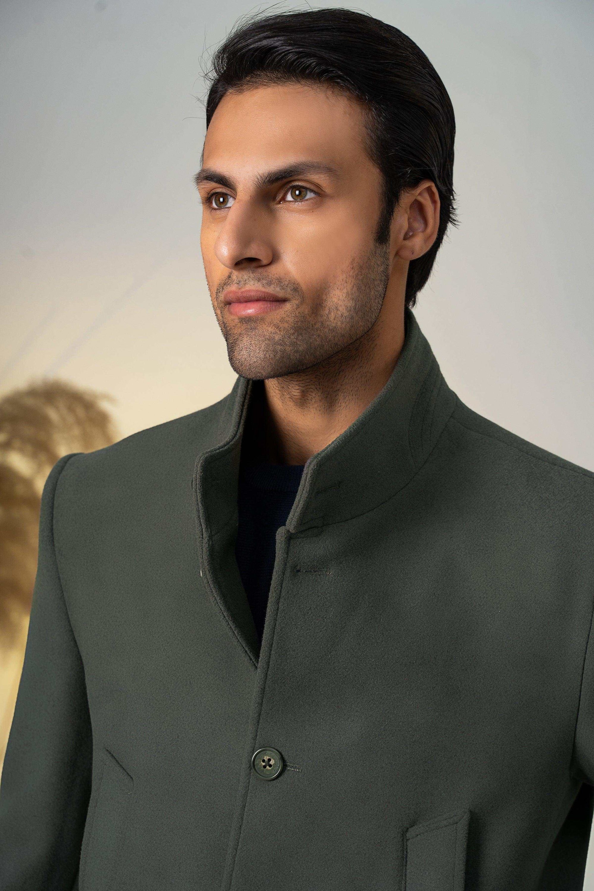 Shop BAN COLLAR LONG COAT GREEN For Men Online