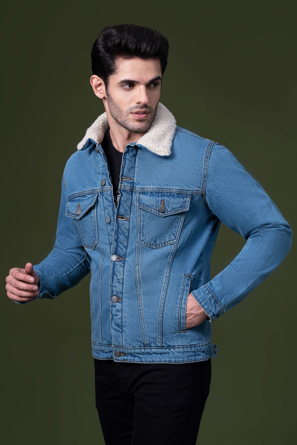 Shop DENIM FUR JACKET LIGHT BLUE For Men Online