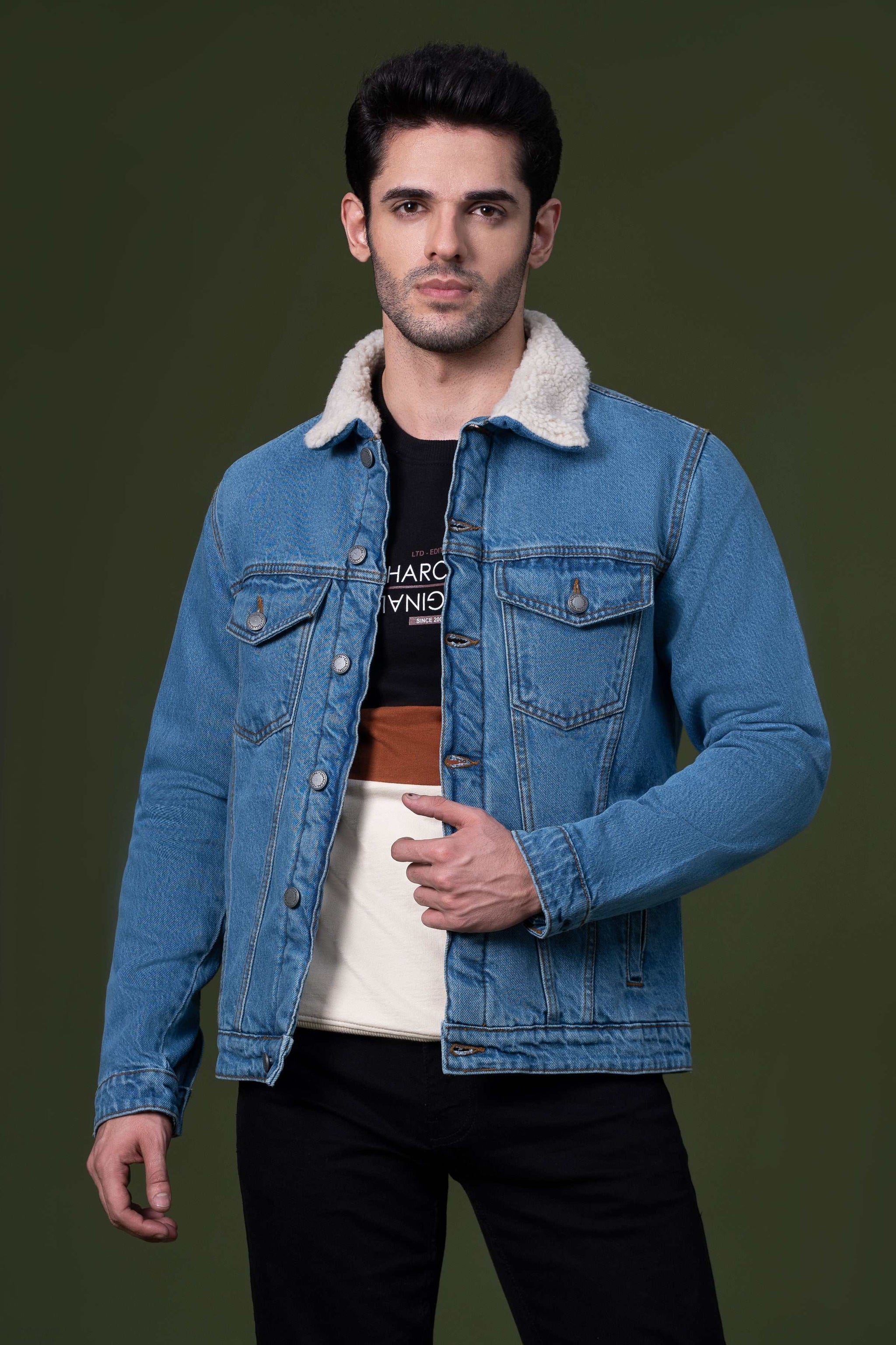 Shop DENIM FUR JACKET LIGHT BLUE For Men Online