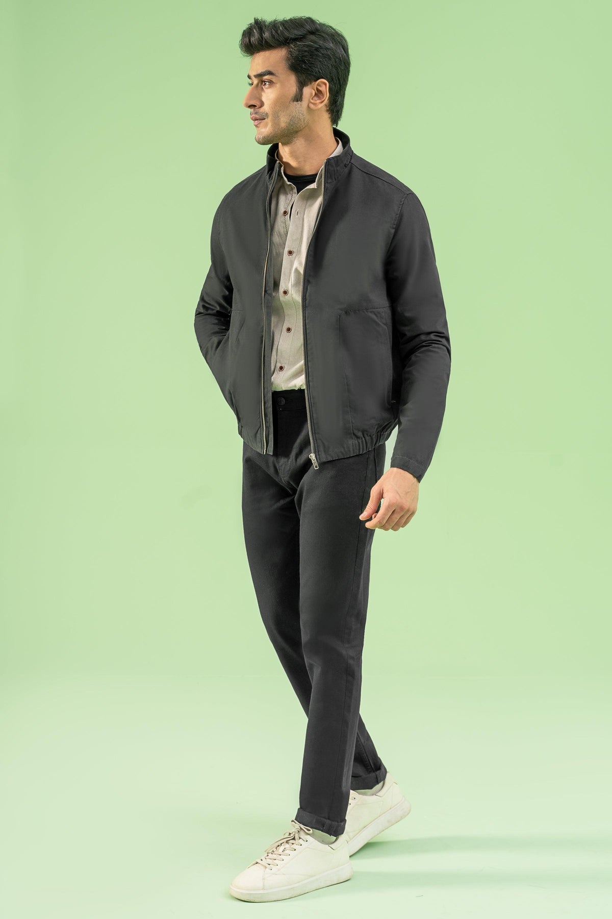 Shop FULL SLEEVE BOTTOM ELASTICATED COTTON JACKET BLACK For Men Online