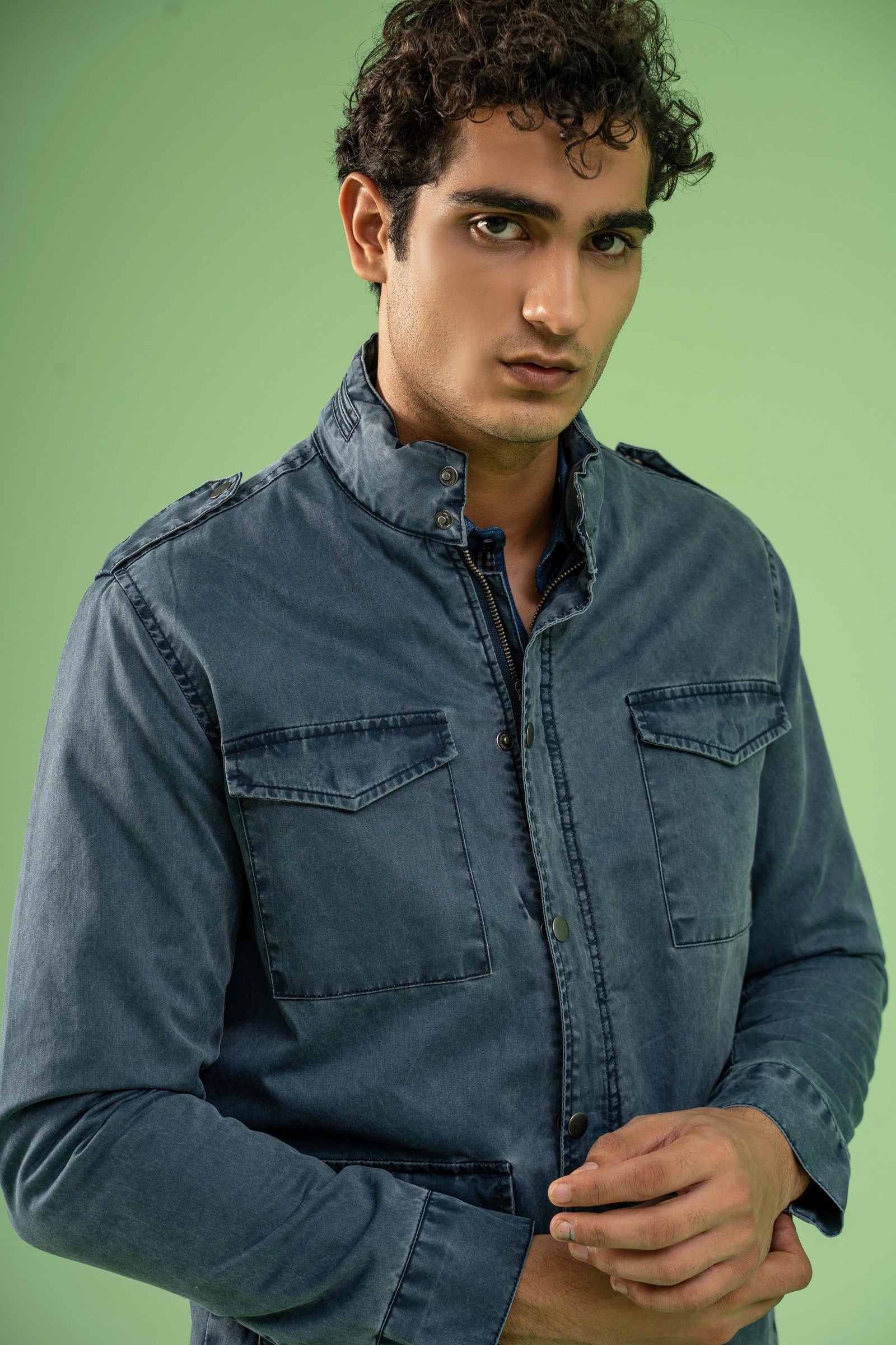 Shop FULL SLEEVE ENZYME WASHED FIELD JACKET NAVY For Men Online