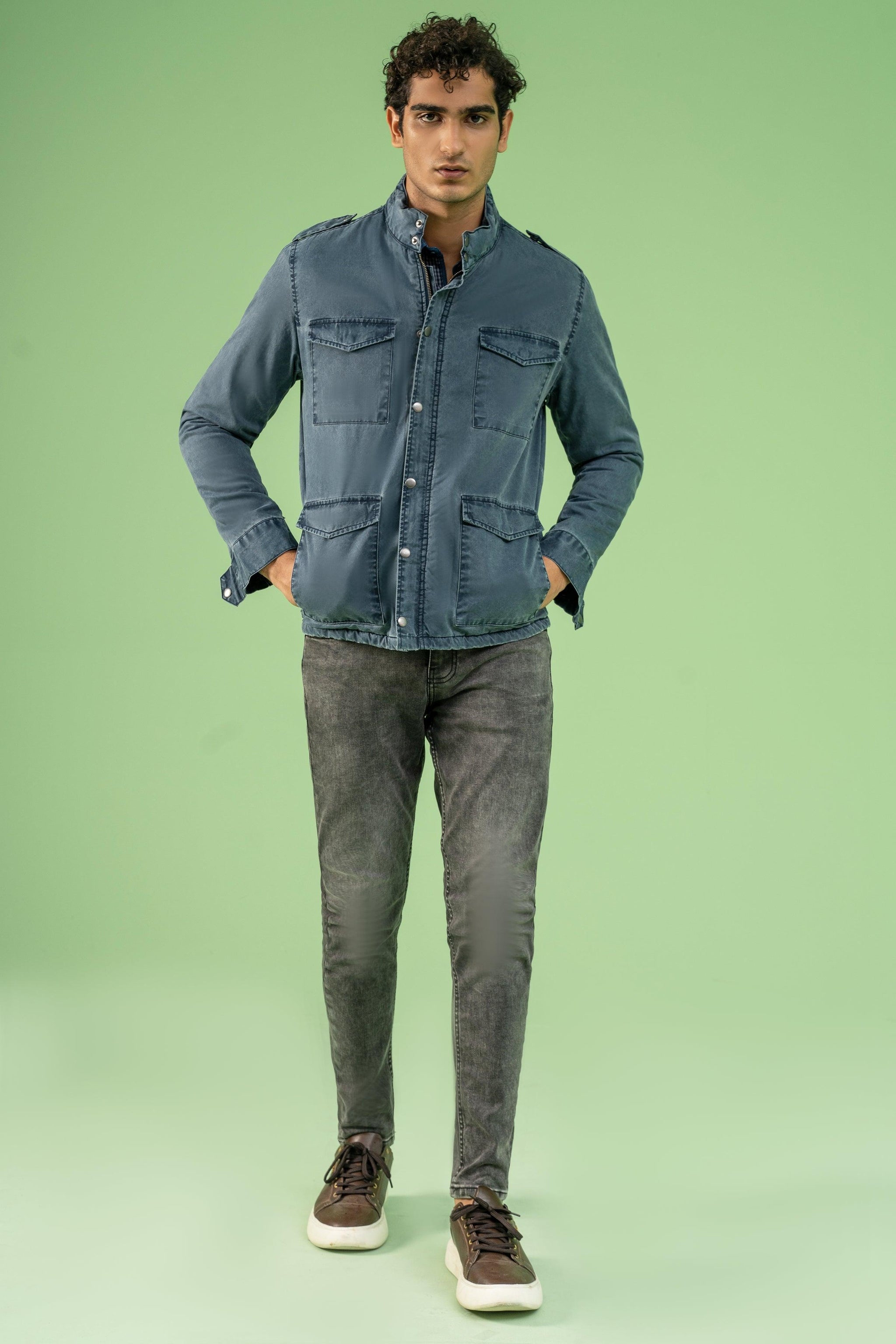 Shop FULL SLEEVE ENZYME WASHED FIELD JACKET NAVY For Men Online