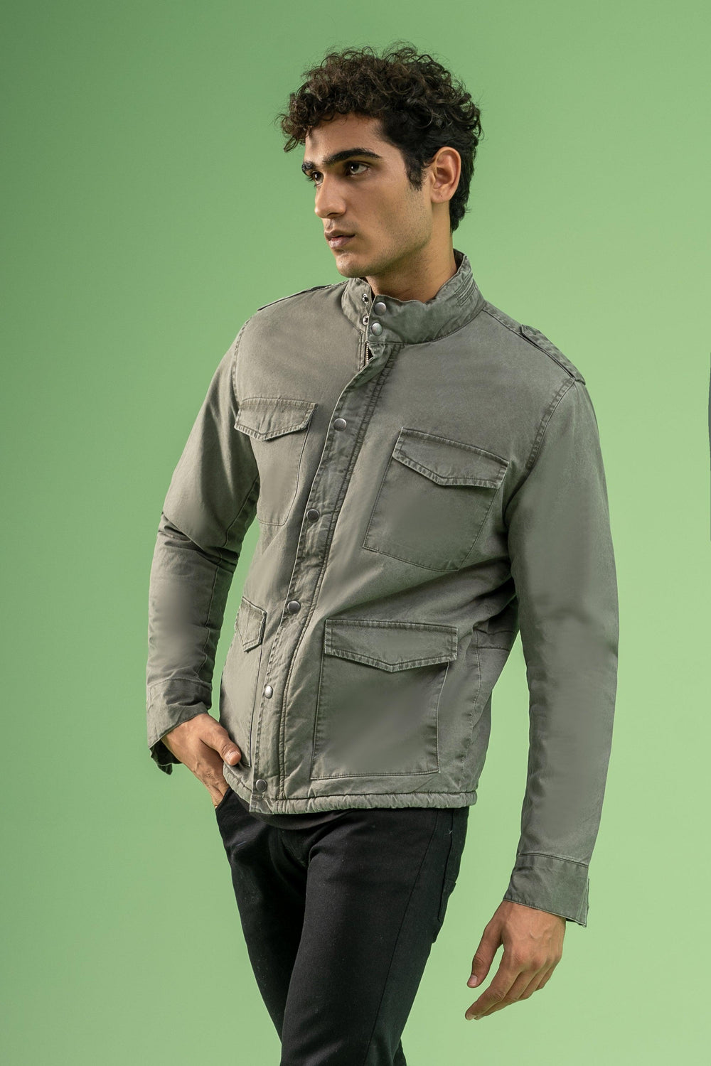 Shop FULL SLEEVE ENZYME WASHED FIELD JACKET OLIVE For Men Online
