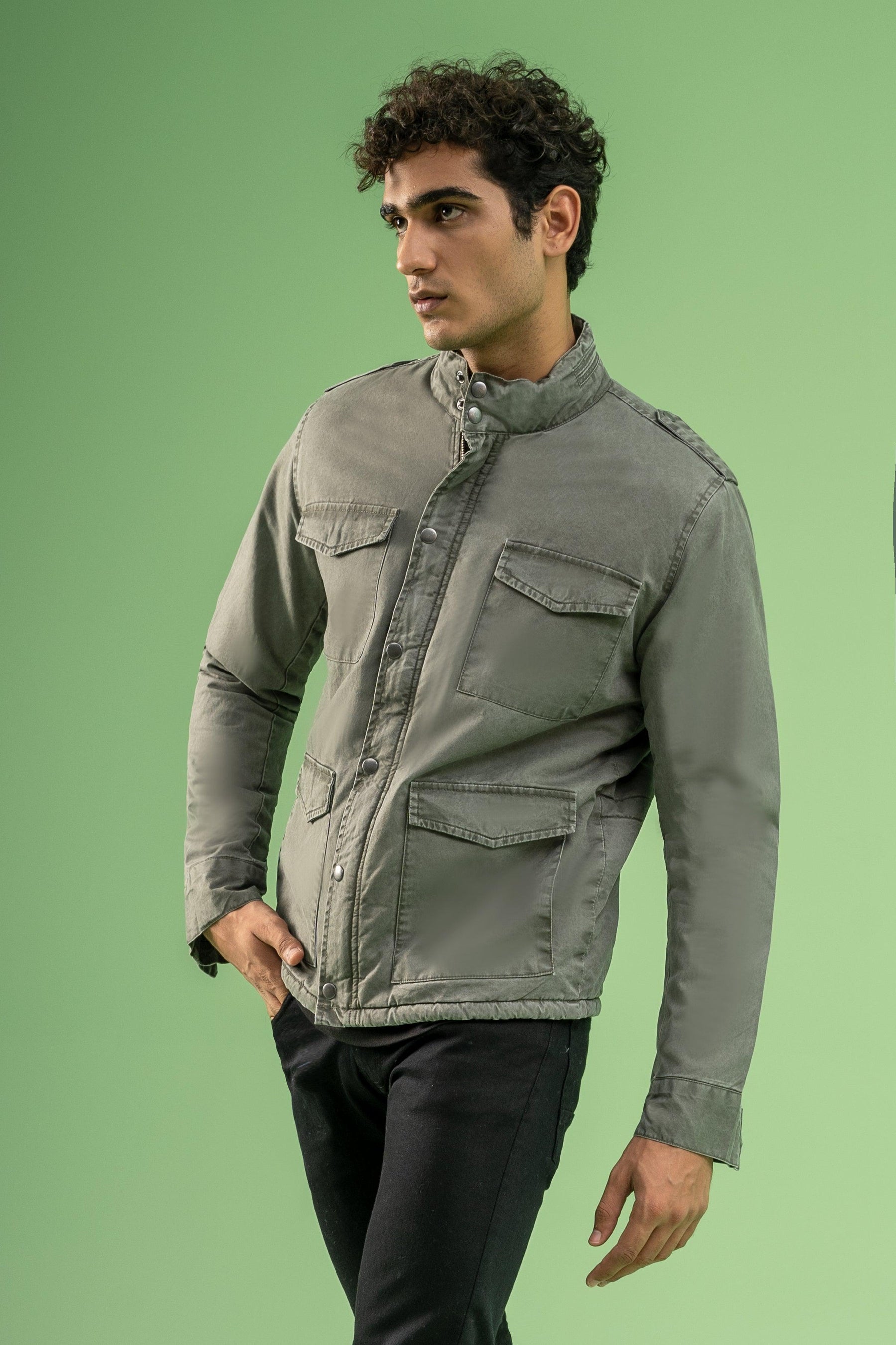 Shop FULL SLEEVE ENZYME WASHED FIELD JACKET OLIVE For Men Online