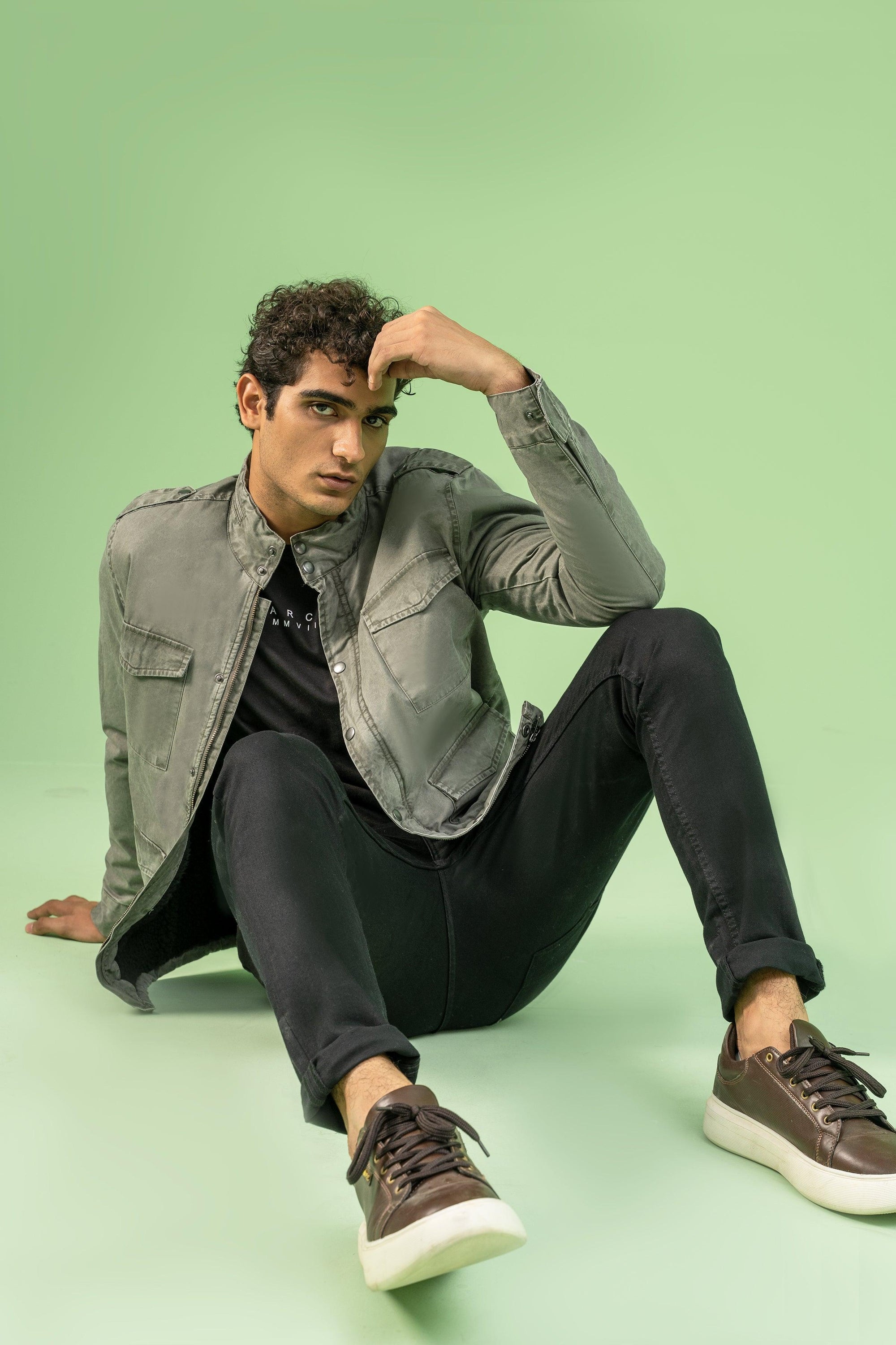Shop FULL SLEEVE ENZYME WASHED FIELD JACKET OLIVE For Men Online