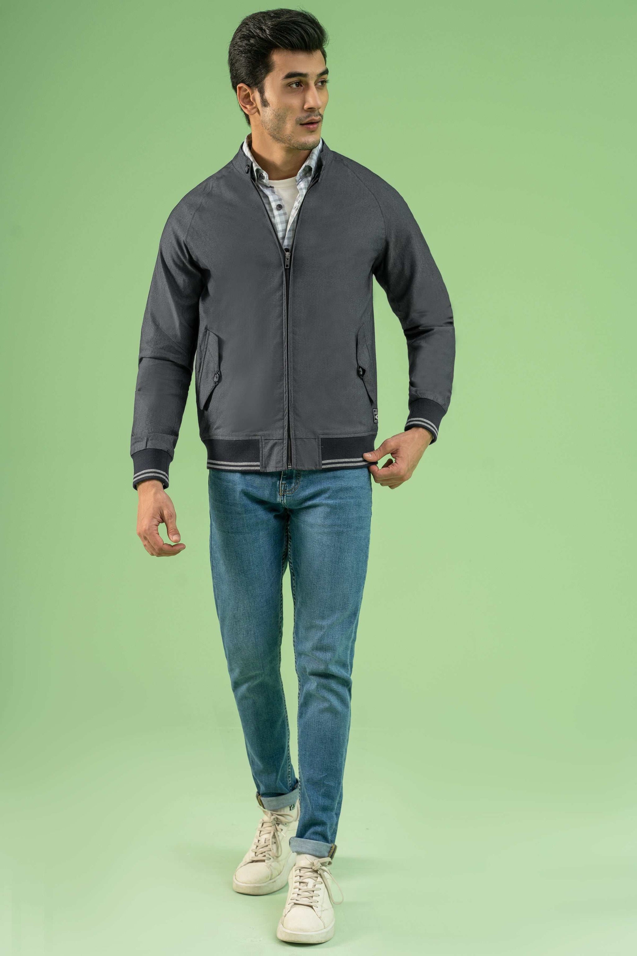 Shop FULL SLEEVE TIPPING TEXTURED JACKET CHARCOAL For Men Online