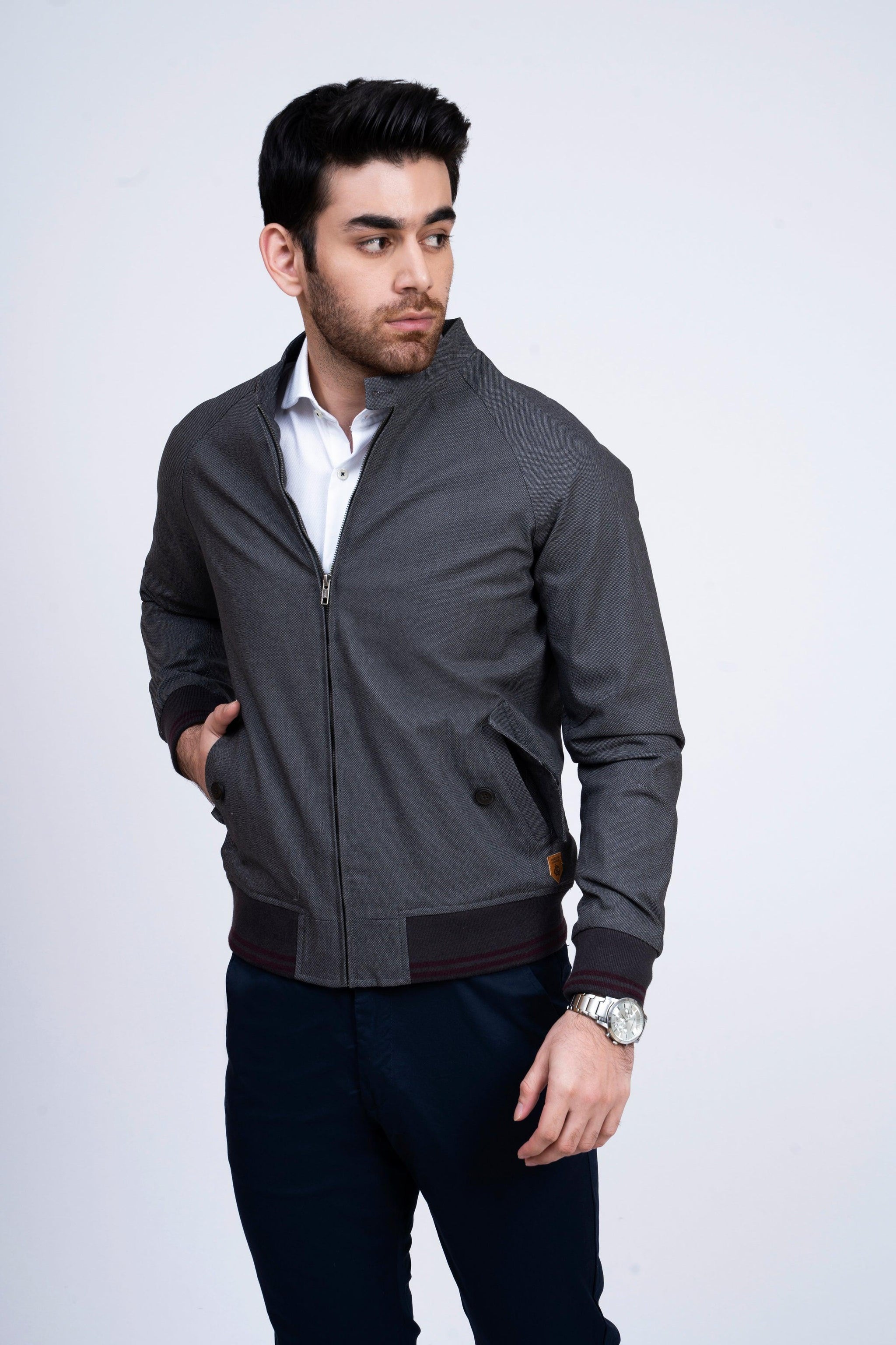 Shop JACKET TIPPING BAN COLLAR DARK GREY For Men Online