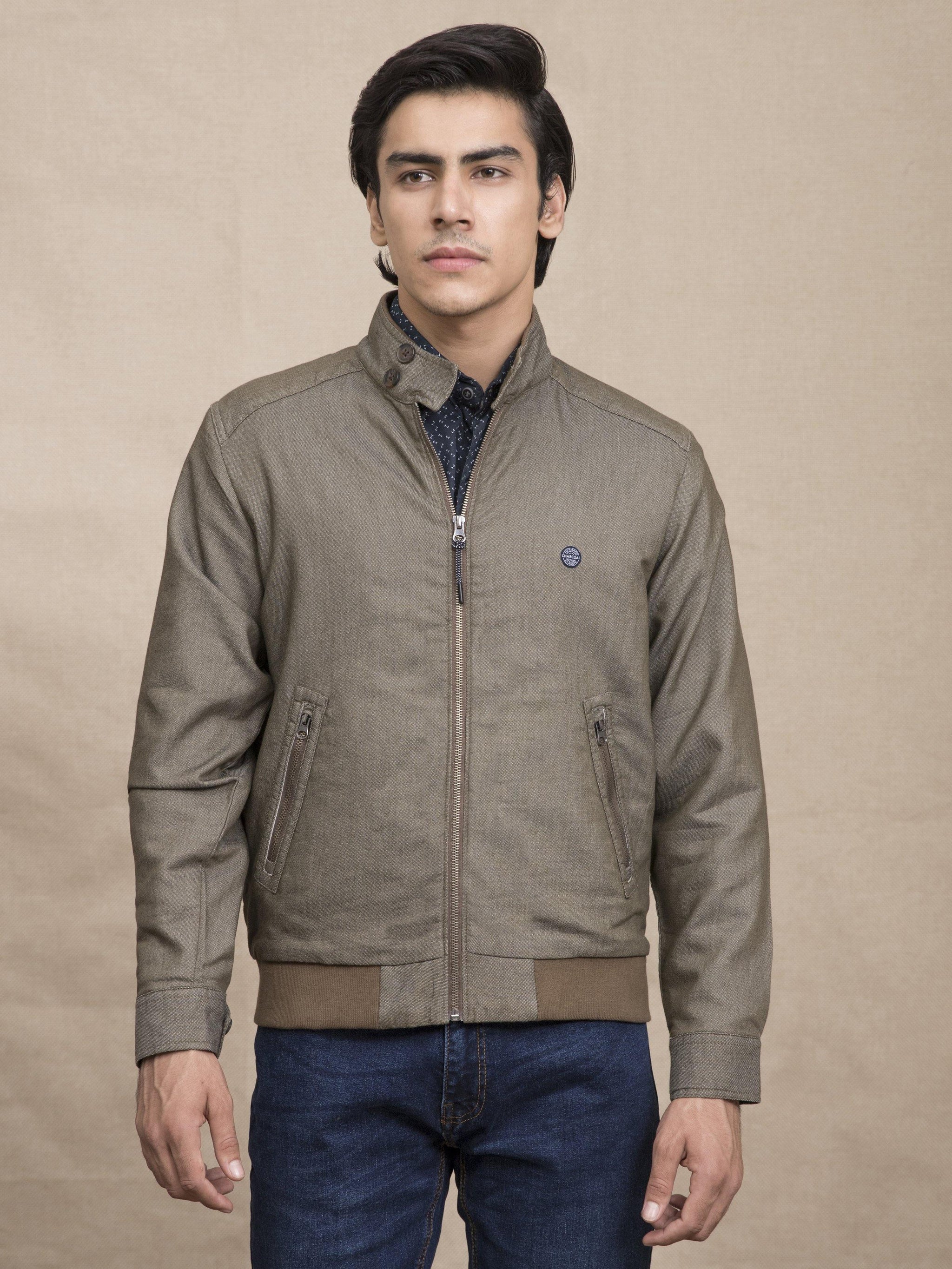Shop SELF TEXTURED BAN COLLAR JACKET BROWN For Men Online