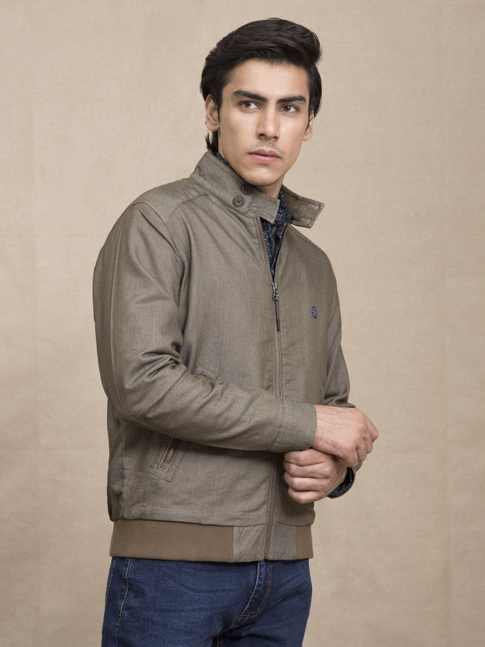 Shop SELF TEXTURED BAN COLLAR JACKET BROWN For Men Online