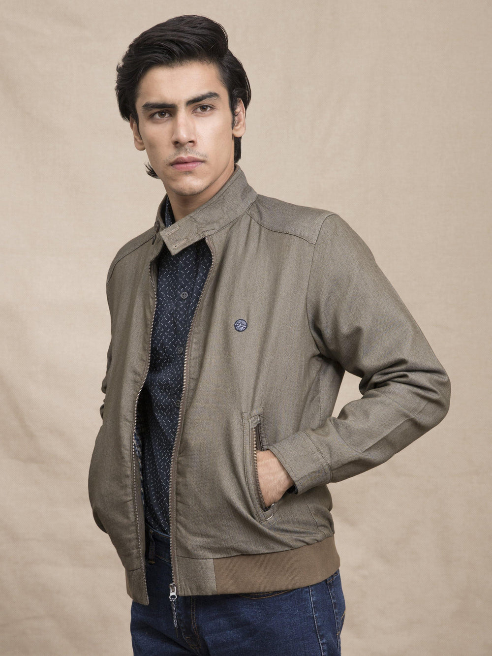 Shop SELF TEXTURED BAN COLLAR JACKET BROWN For Men Online