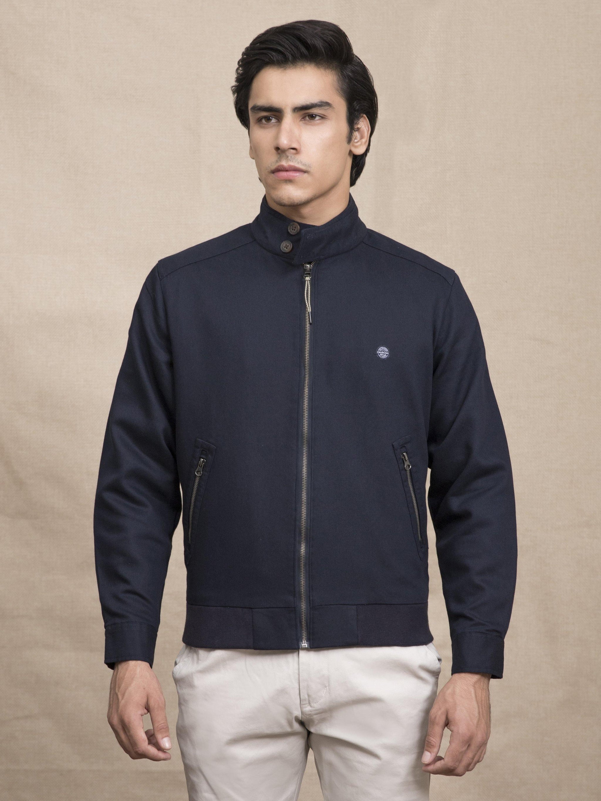 Shop SELF TEXTURED BAN COLLAR NAVY JACKET For Men Online